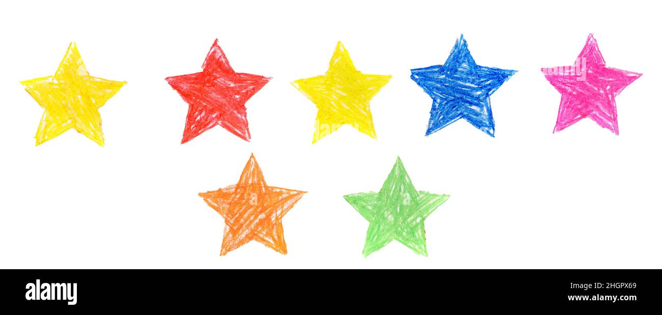 a set of multi-colored stars drawn with a colored pencil isolated on a ...