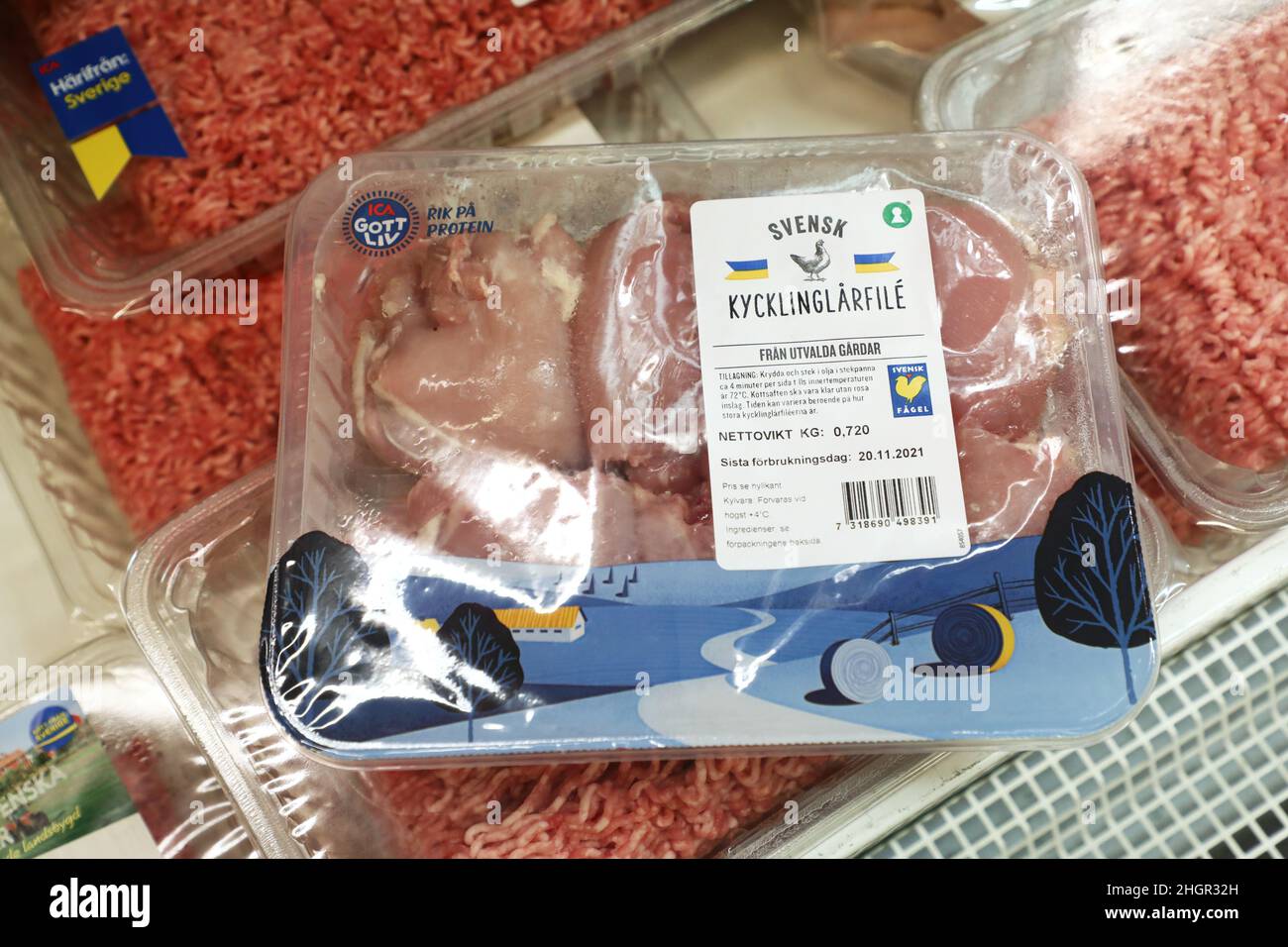 Different kinds of Swedish chicken in different packages for sale in a ...