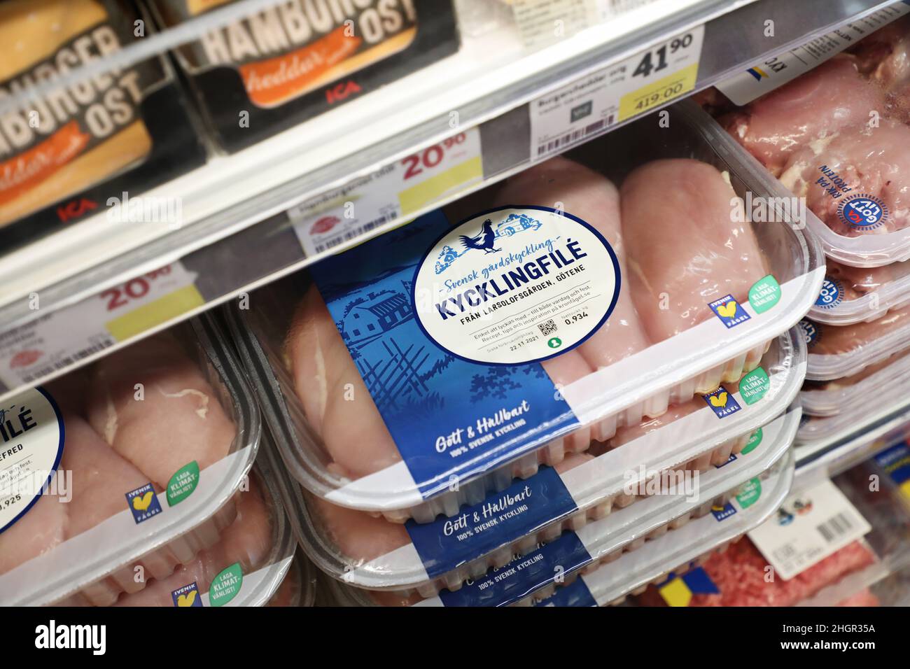 Different kinds of Swedish chicken in different packages for sale in a ...