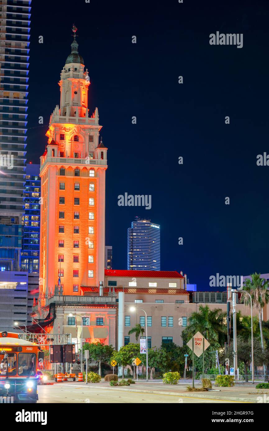 Freedom Tower Miami circa 2022 lit neon red Stock Photo - Alamy