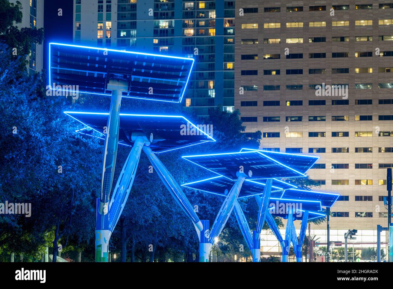 Night photo FPL Solar Trees Downtown Miami FL Stock Photo - Alamy