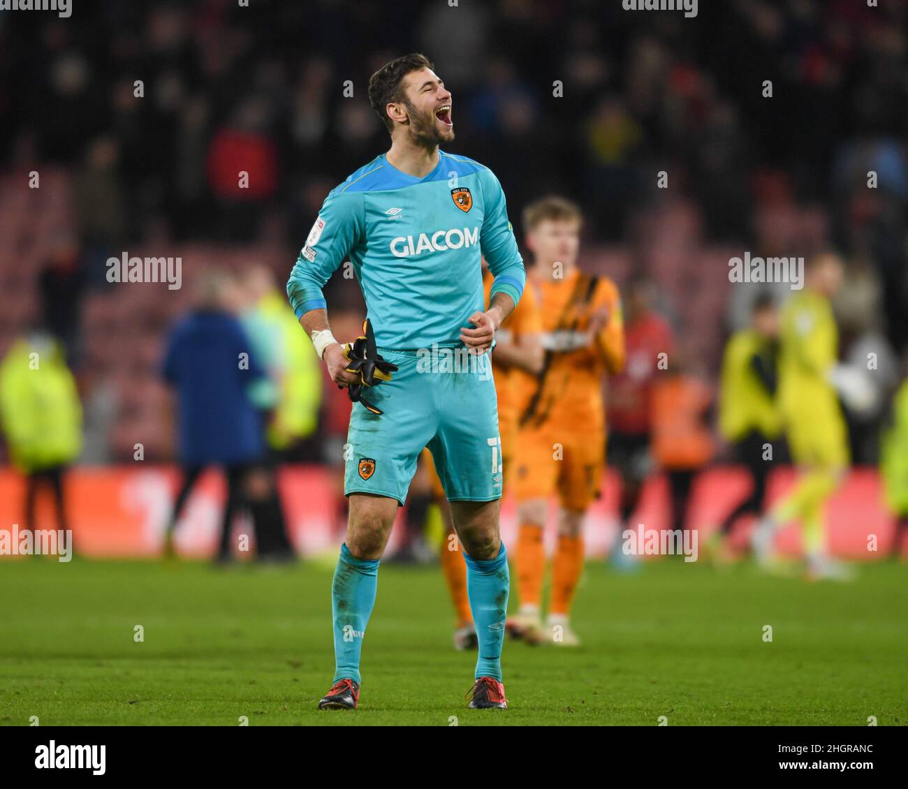 Nathan Baxter #13 of Hull City celebrates beating Bournemouth 0-1 Stock ...