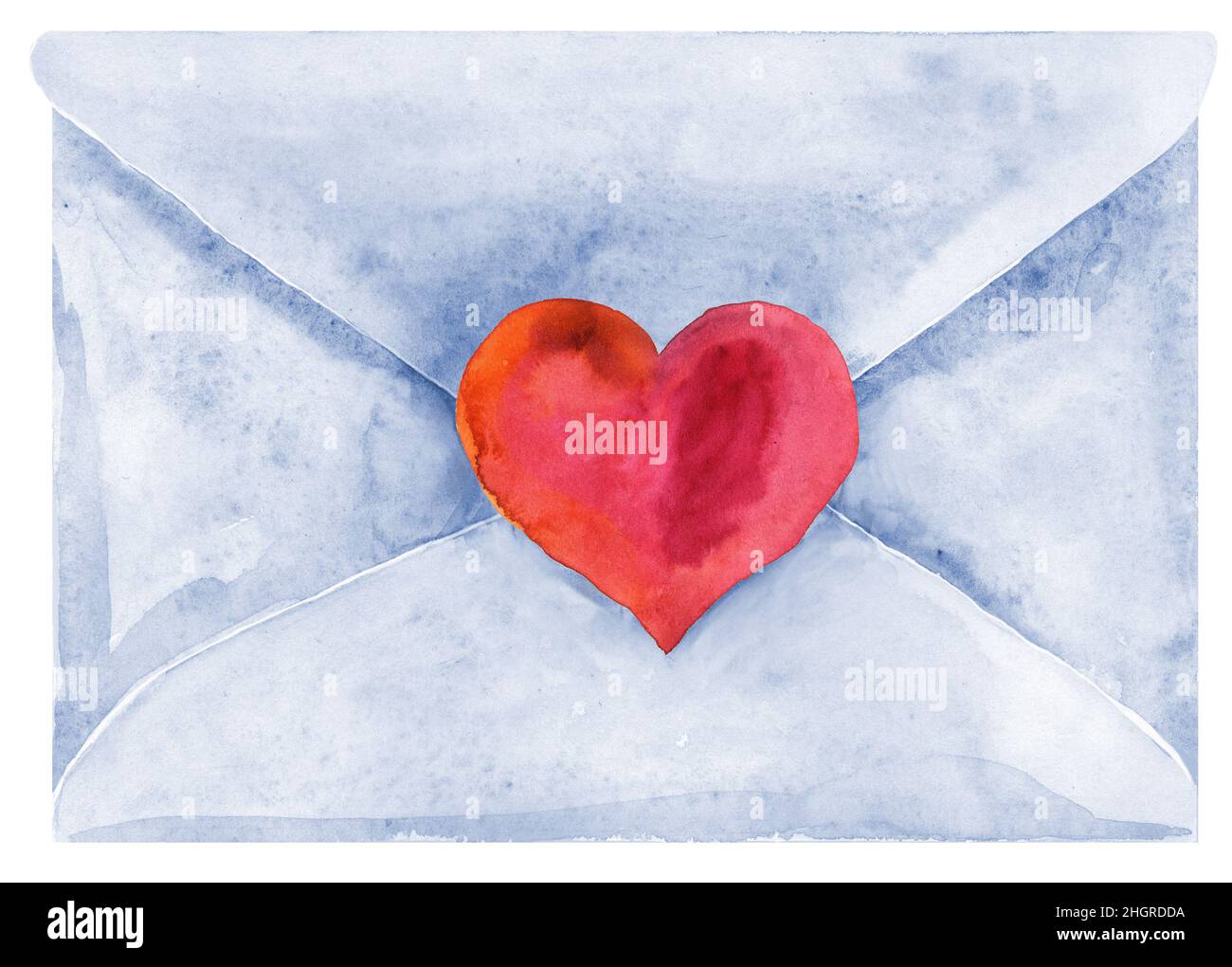 Watercolor hand-drawn illustration of an envelope with red heart on a ...