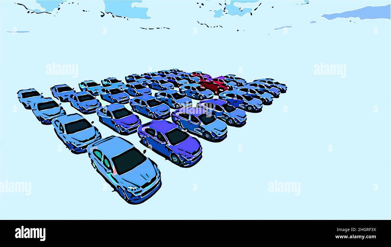 3d illustration - Hundreds of Cars, One Red Stock Photo - Alamy