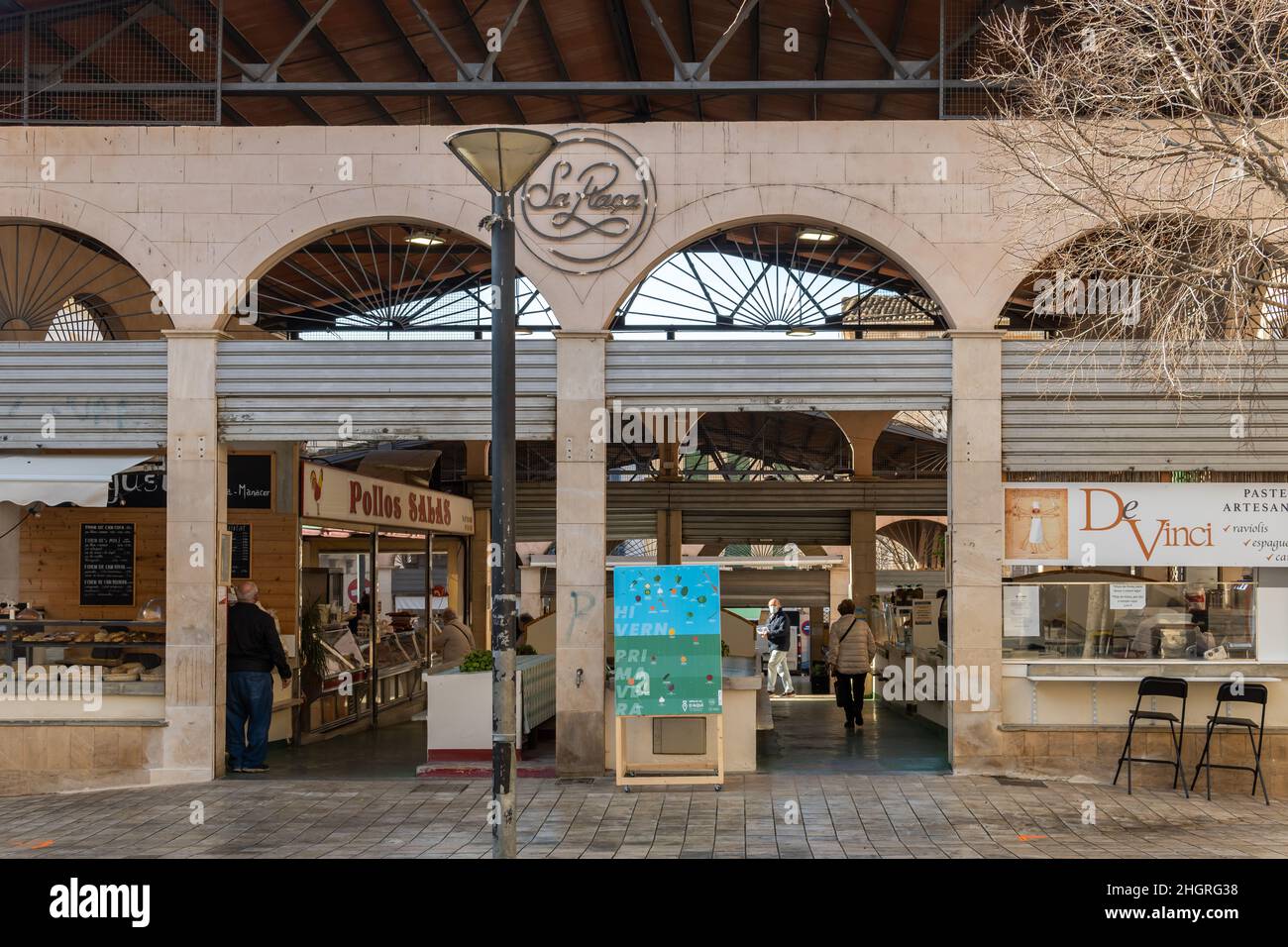 Main facade of the traditional market in the Mallorcan town of Manacor ...