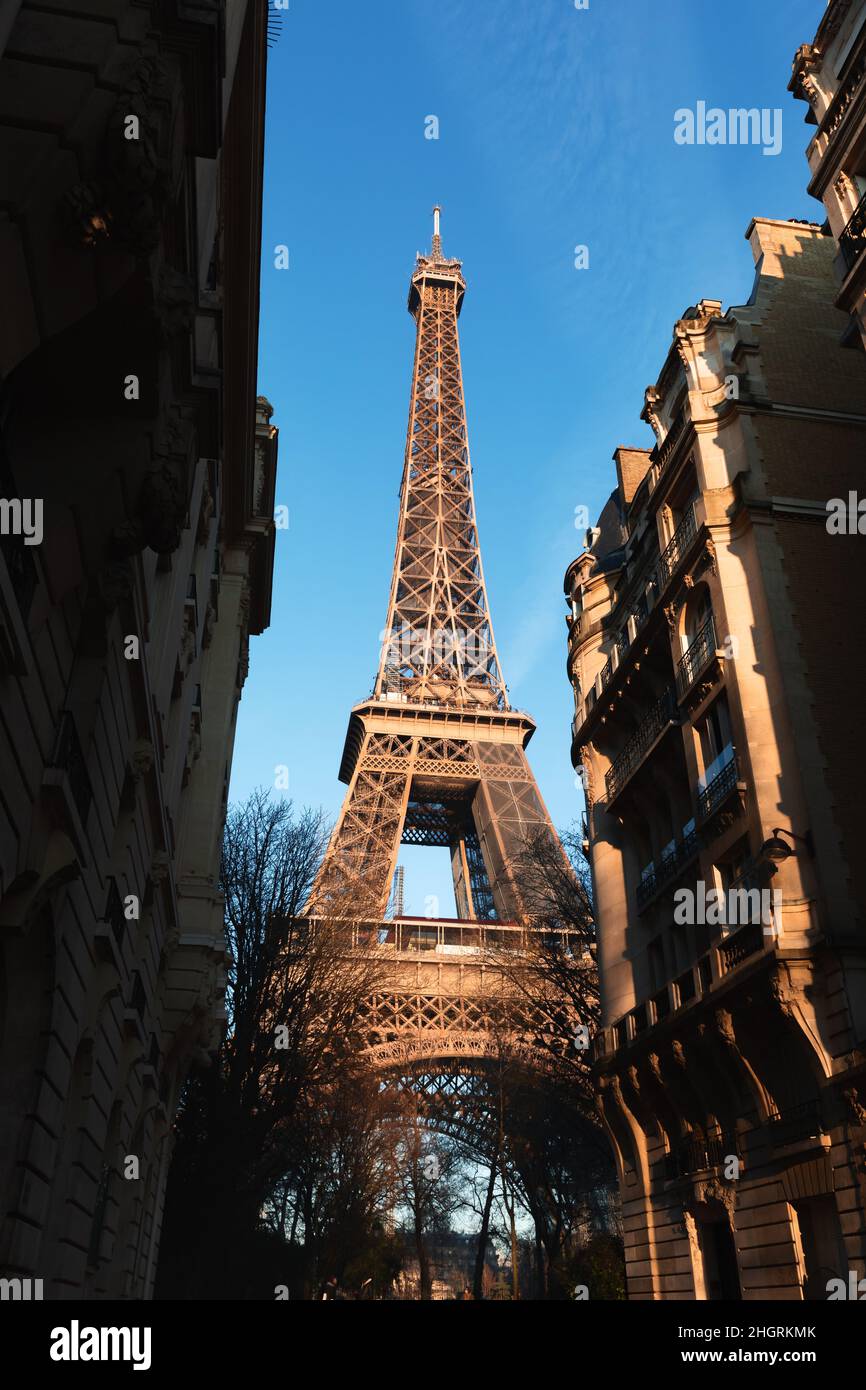 Eiffel Tower and typical residential buildings in the foreground ...