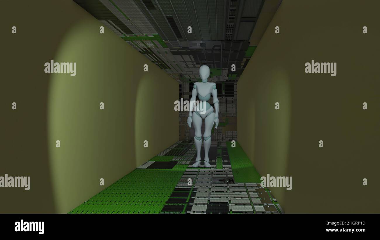 3d illustration - clean futuristic alien corridor with robot inside ...