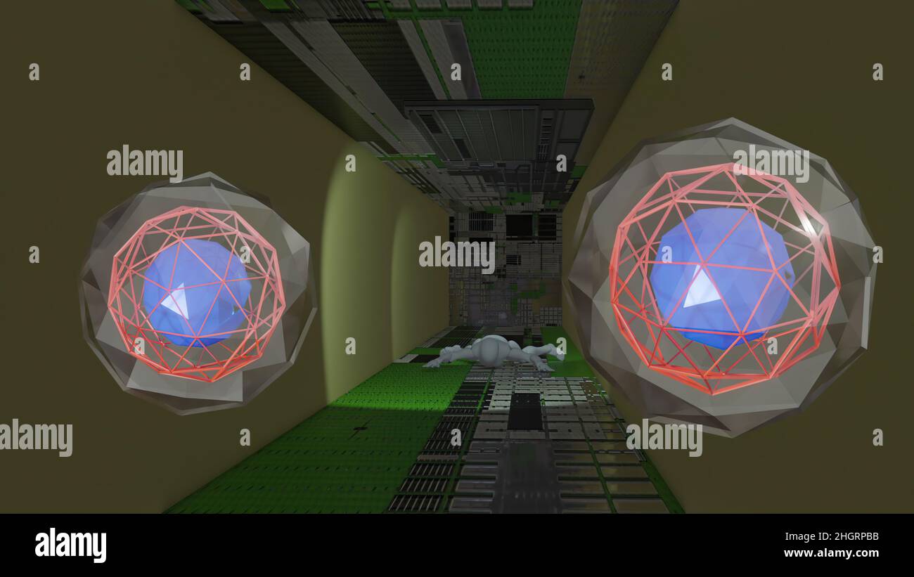 3d illustration - clean futuristic alien corridor with robot inside ...