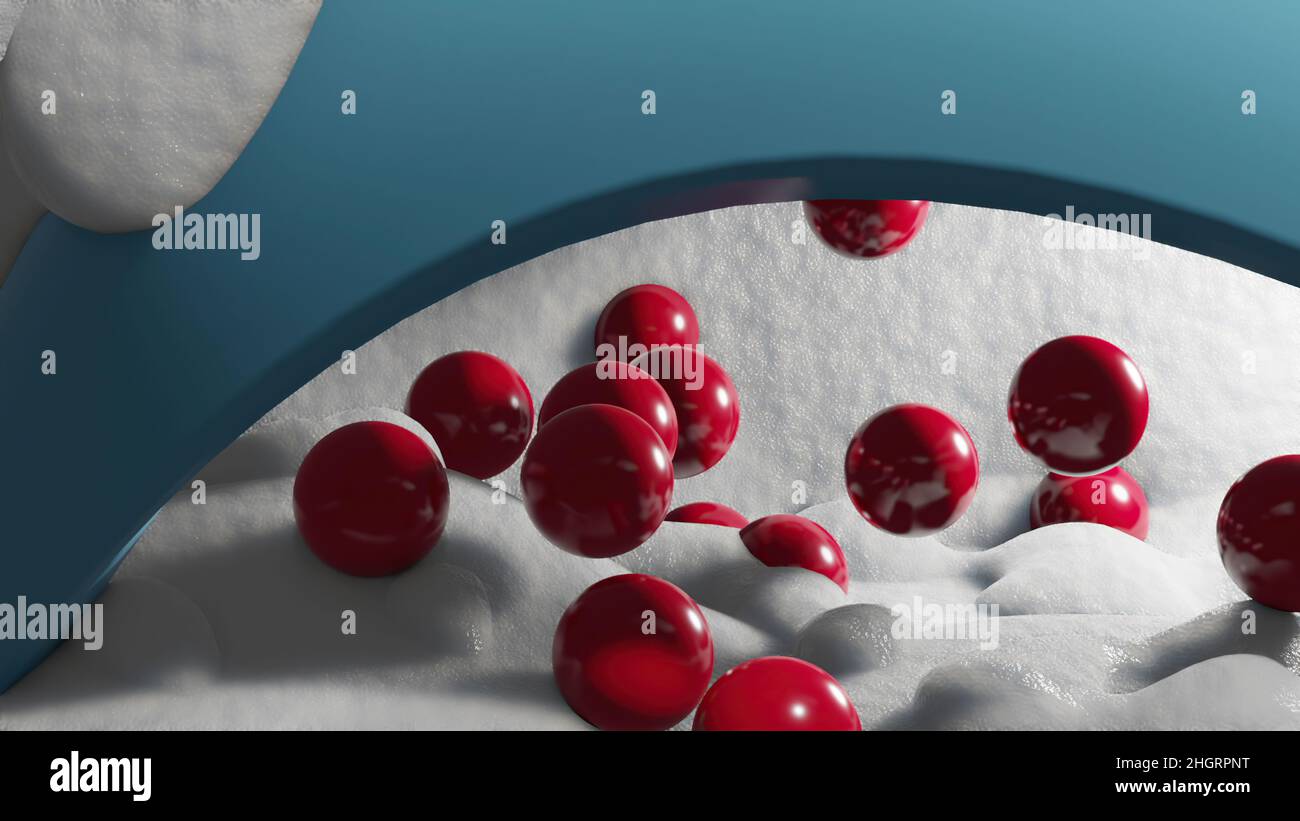 3d illustration - round shape dusted with snow and red balls falling on ...