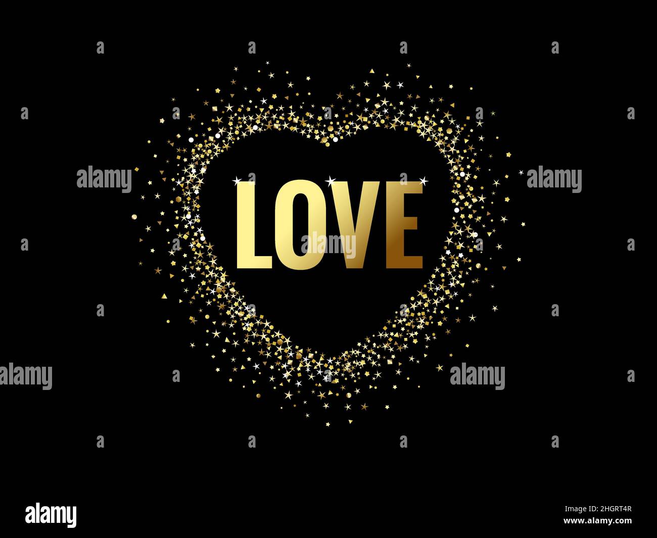 Word LOVE and shiny heart, drawing sign. Happy Valentine's Day congrats concept. Decorative gold ...
