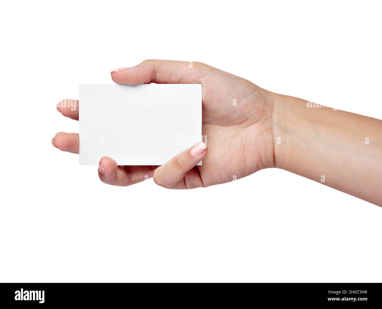 close up of a female hand holding blank note card sign on white ...