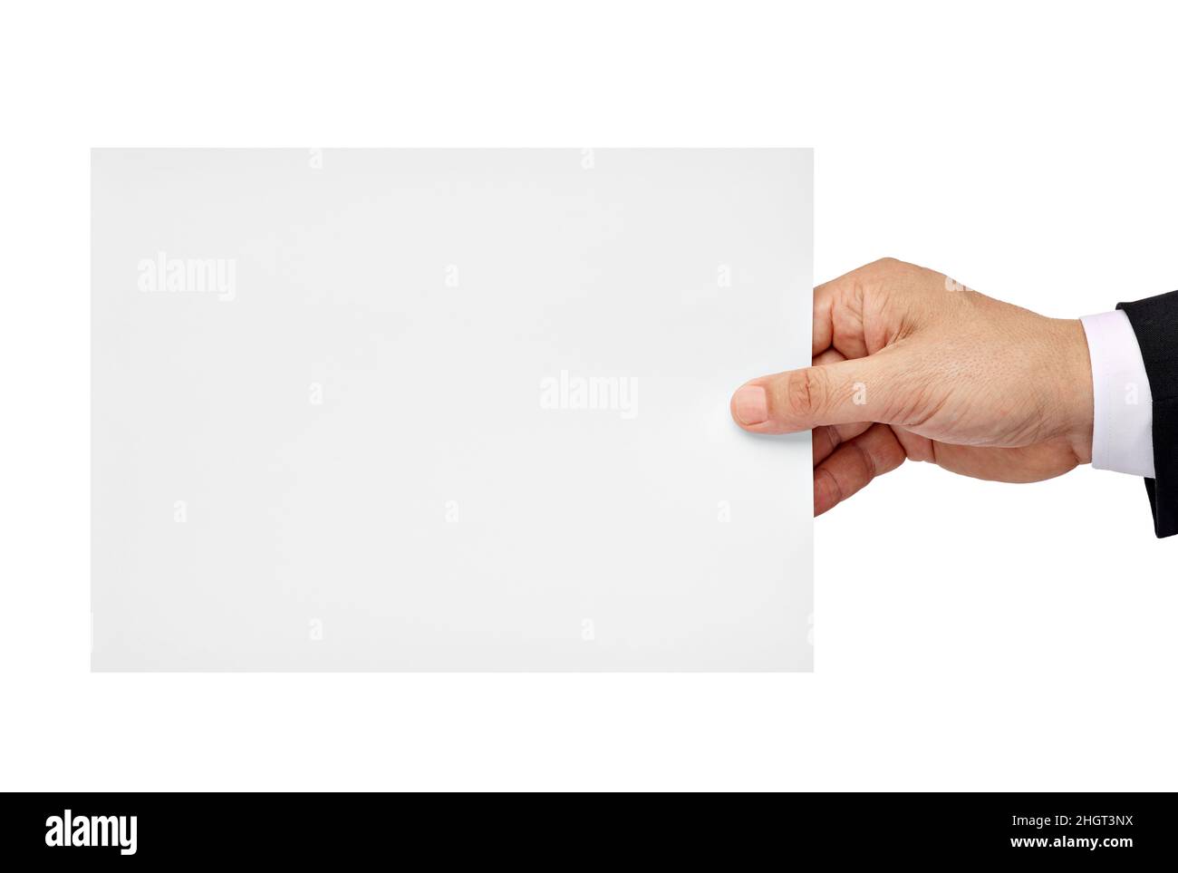 close up of a male hand holding blank note card sign on white ...