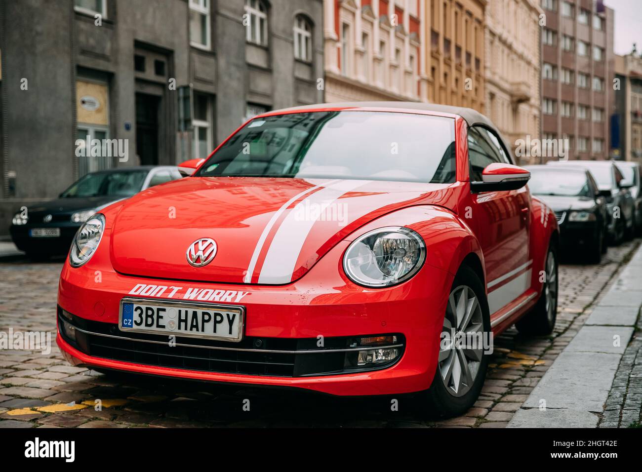Front View Of Red Volkswagen New Beetle Cabriolet Car Parked In Street ...