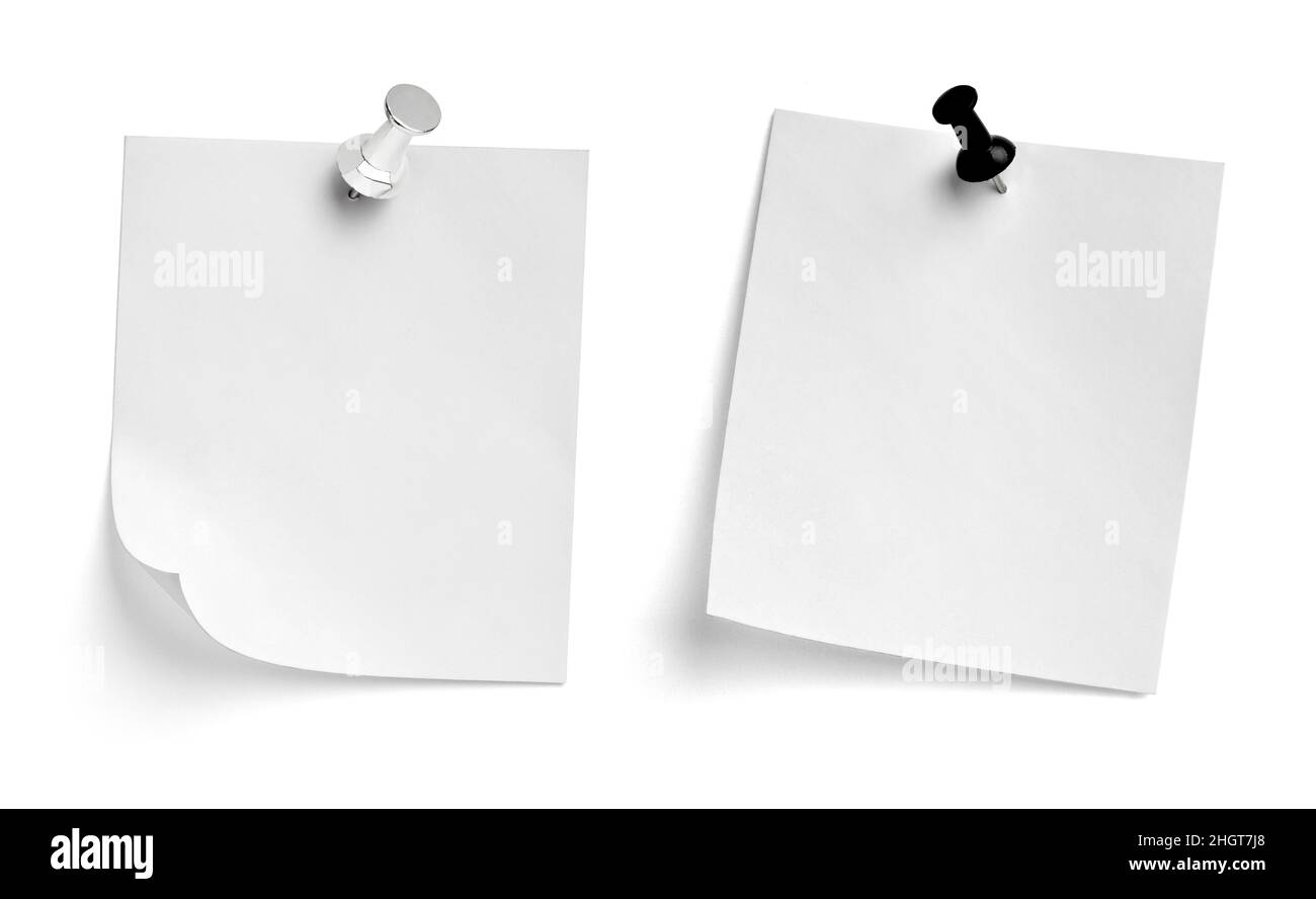 collection of various note paper with a push pin on white background ...