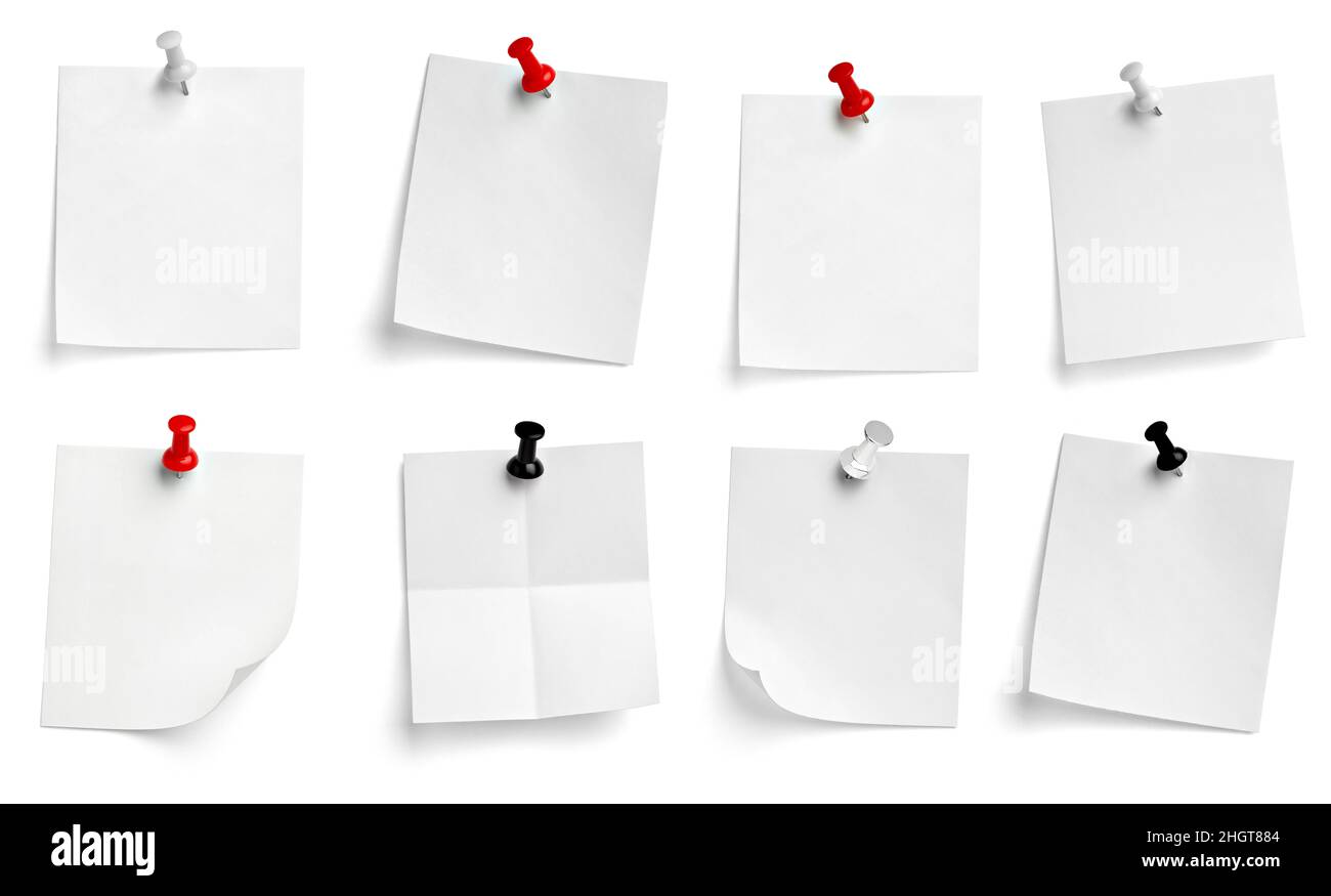 collection of various note paper with a push pin on white background ...