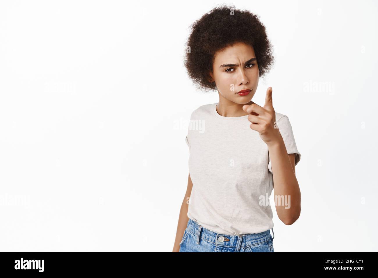 Image of angry bossy african girl, shaking finger with disapproval ...