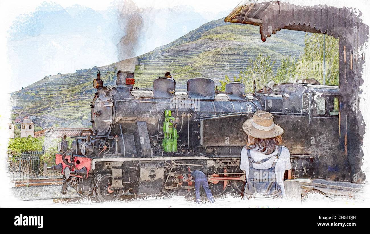 Digital watercolour image of a steam engine on the railway with a ...