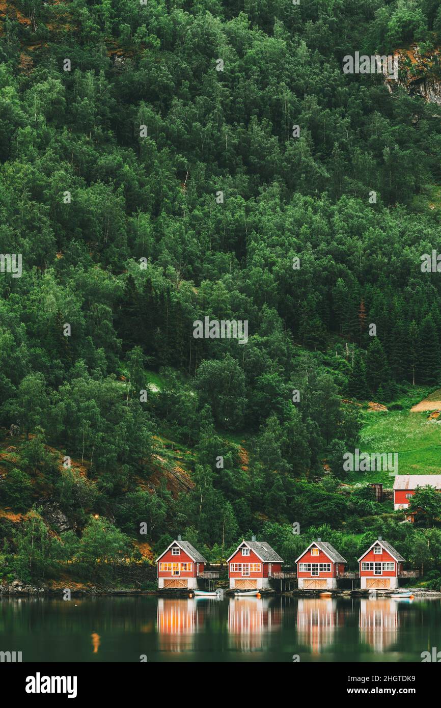 Flam, Norway. Famous Red Wooden Docks In Summer Evening. Small Tourist ...