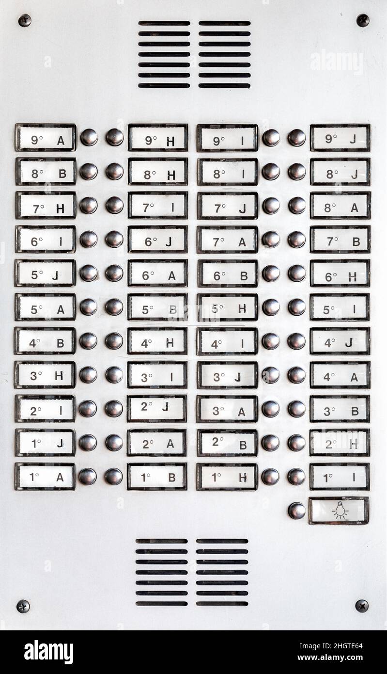 Grey door entry phone with floor number and door letter Stock Photo - Alamy