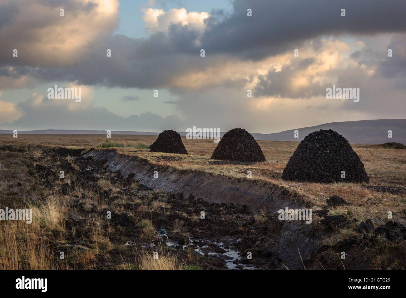 Turfstacks on the boglands of county Mayo in Ireland. Cutting and using ...