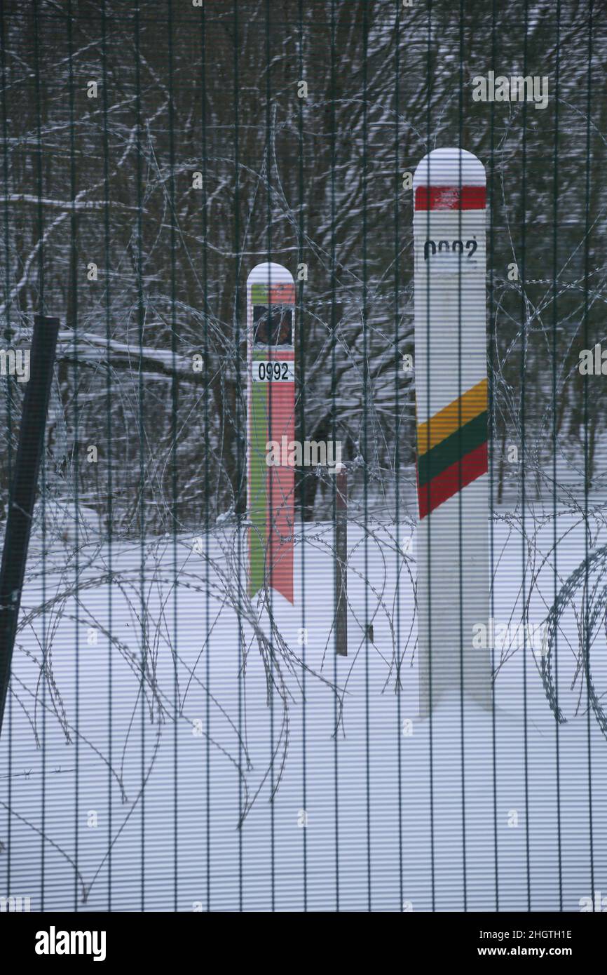 Kurmelionys, Lithuania. 21st Jan, 2022. Border fence and installations ...