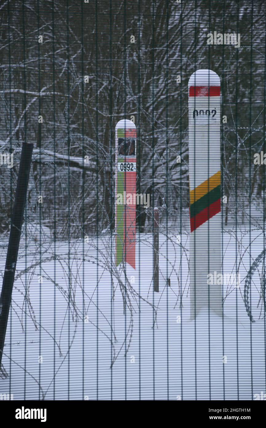 Kurmelionys, Lithuania. 21st Jan, 2022. Border fence and installations ...