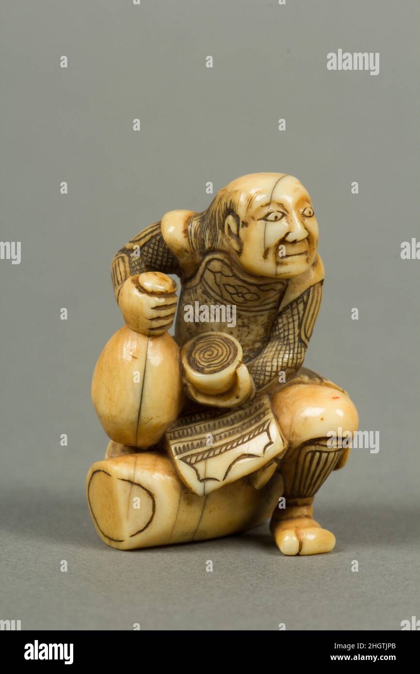 Netsuke of Man Sitting on a Log holding a Bottle and a Cup 19th century ...