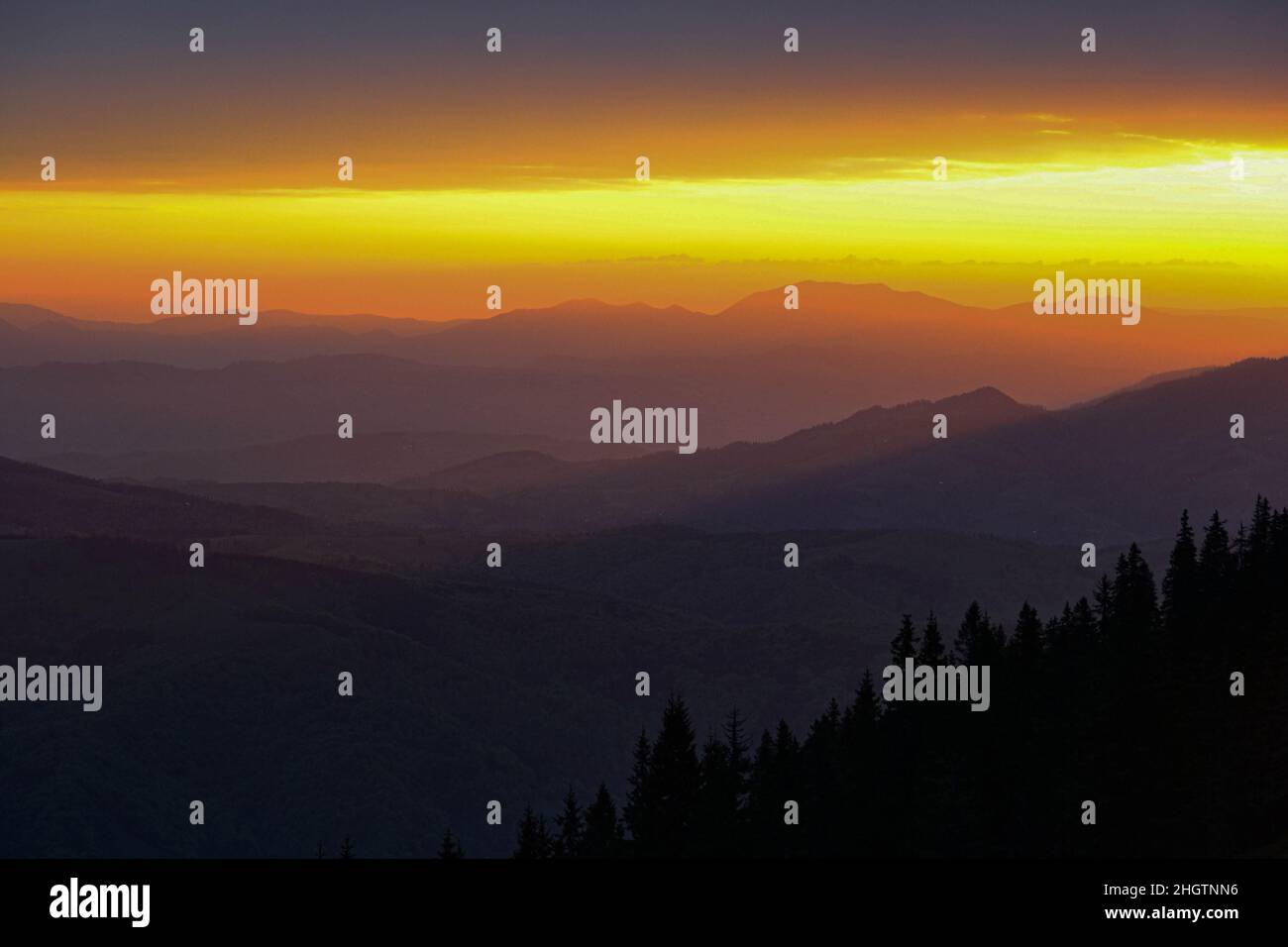 Colorfully sunrise over the mountains seen from high altitude .Scenic ...