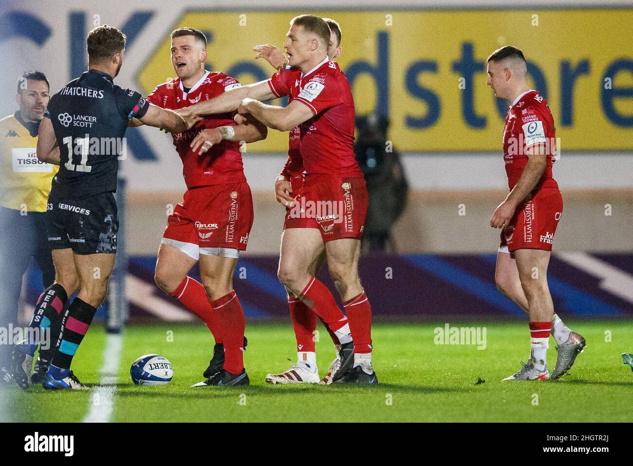 Llanelli, UK. 22 January, 2022. Bristol Bears winger Henry Purdy and ...