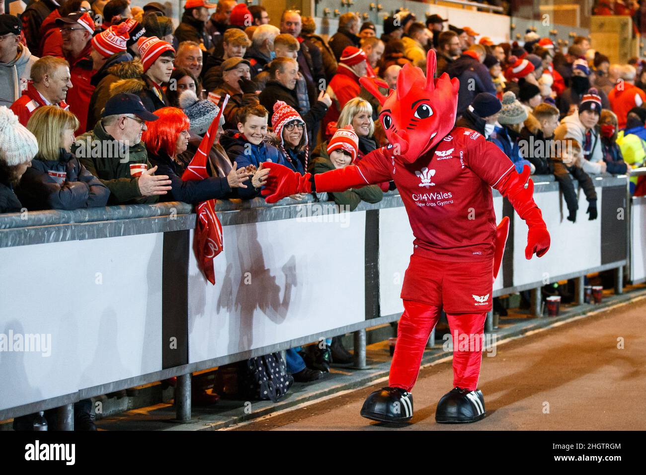Llanelli, UK. 22 January, 2022. Scarlets mascot entertains fans before ...