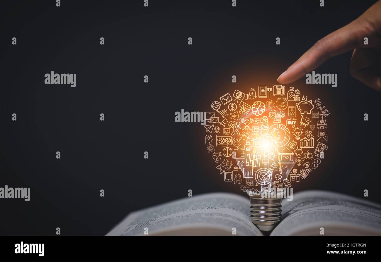 Thinking and creative concept, Light bulb on the Book and light bulb and icon style bokeh ...