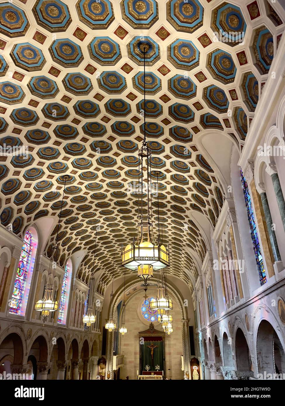 Catholic Cathedral Ornate ceiling with stained glass windows Stock ...