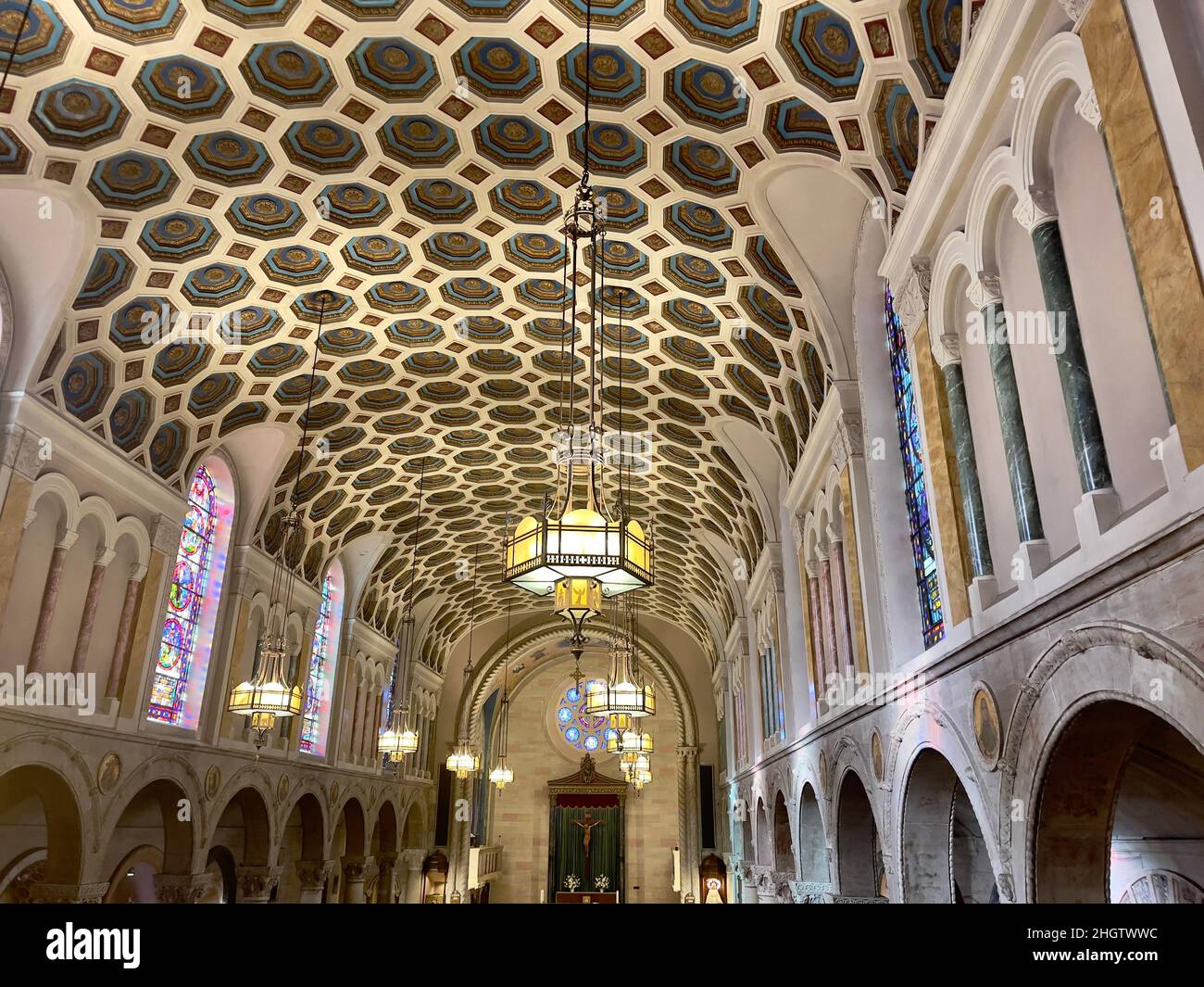Catholic Cathedral Ornate ceiling with stained glass windows Stock ...