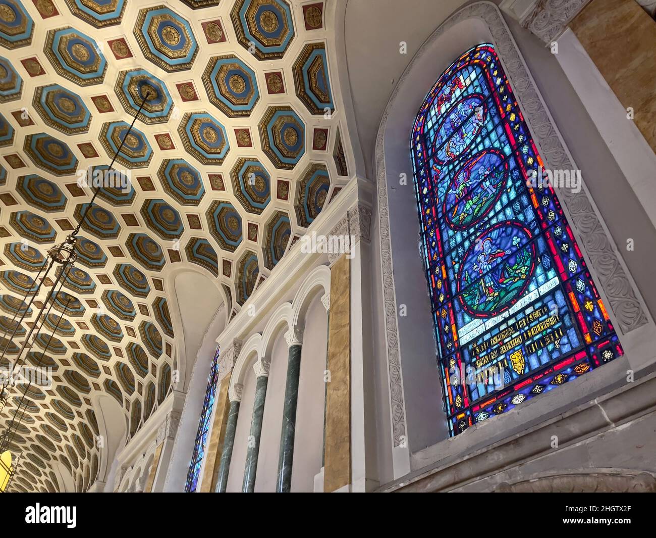 Catholic Cathedral Ornate ceiling with stained glass windows Stock ...