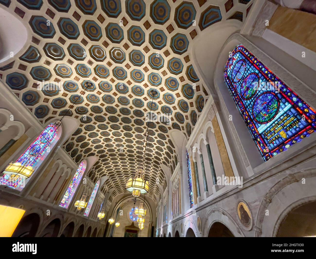 Catholic Cathedral Ornate ceiling with stained glass windows Stock ...