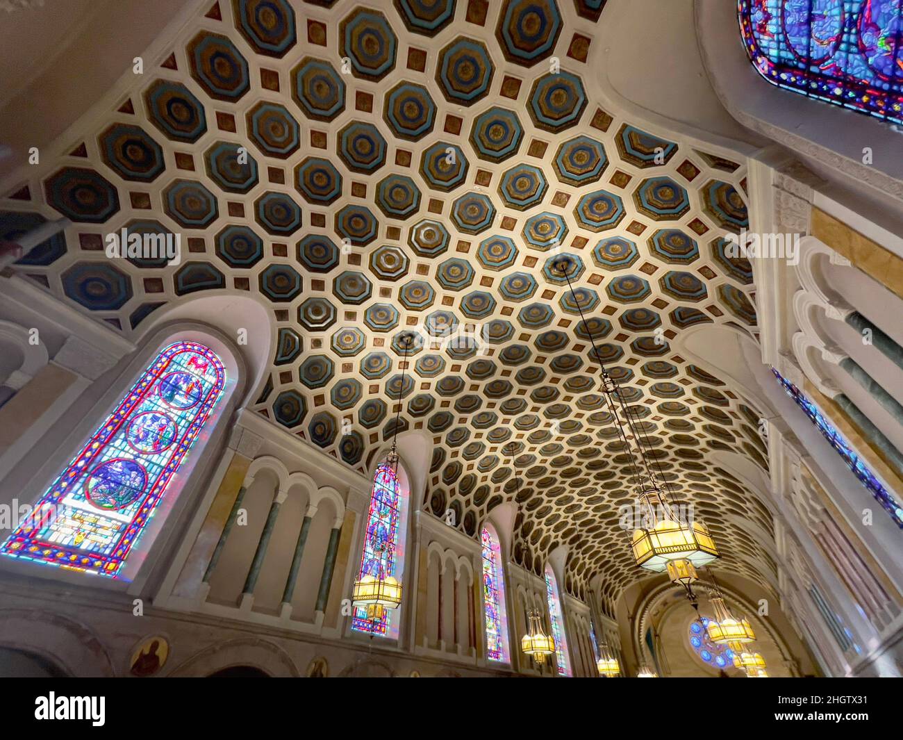 Catholic Cathedral Ornate ceiling with stained glass windows Stock ...