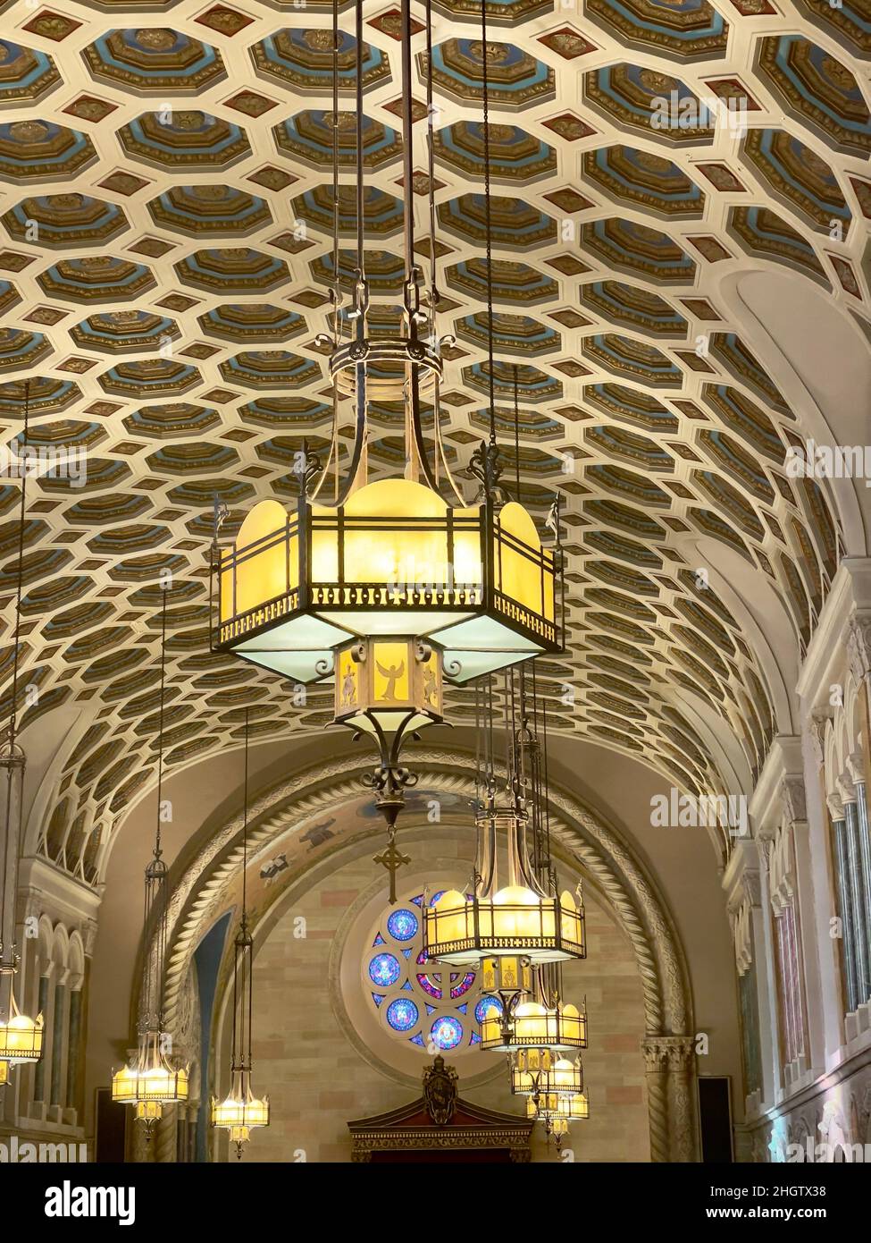 Catholic Cathedral Ornate ceiling with stained glass windows Stock ...