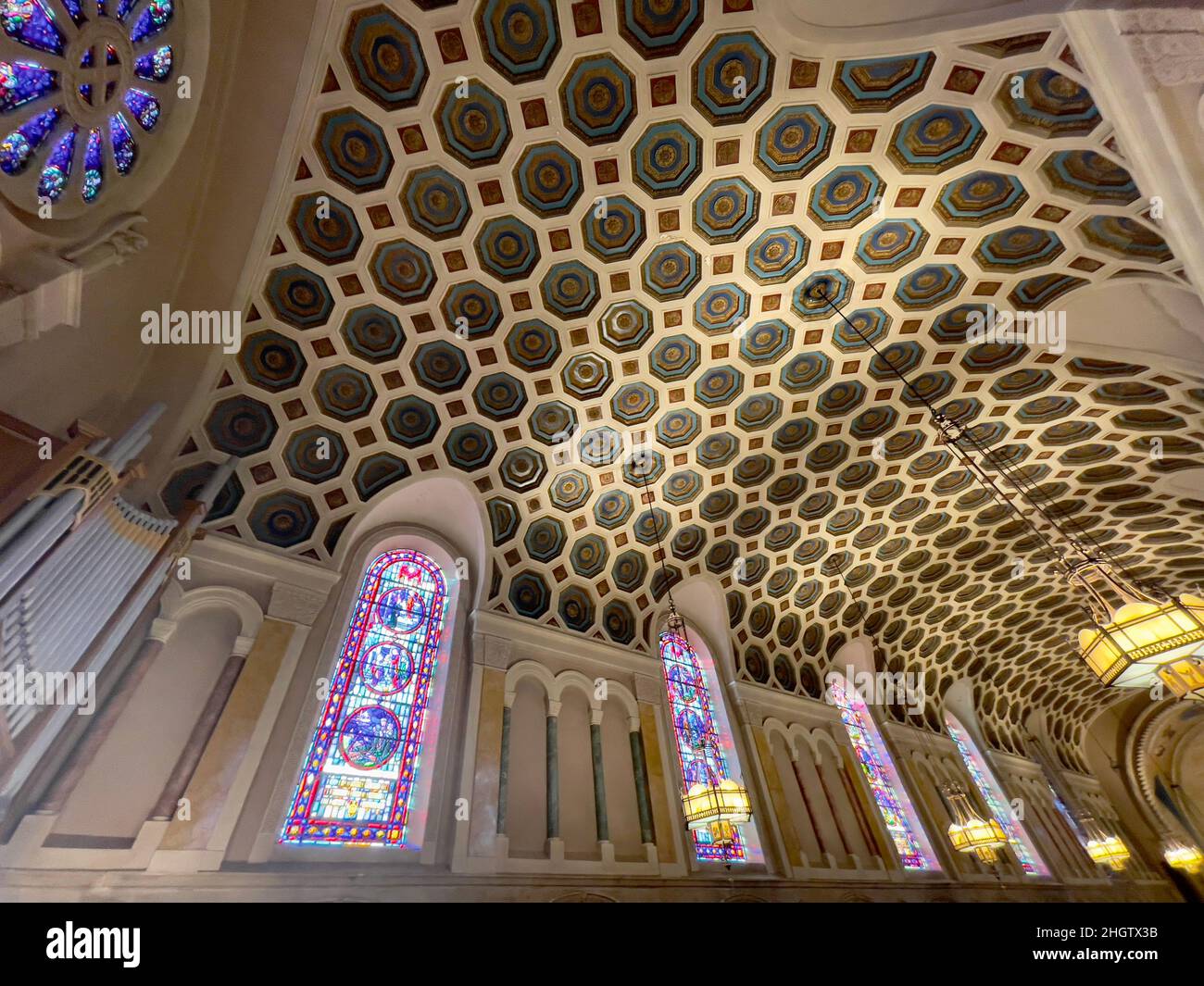 Catholic Cathedral Ornate ceiling with stained glass windows Stock ...