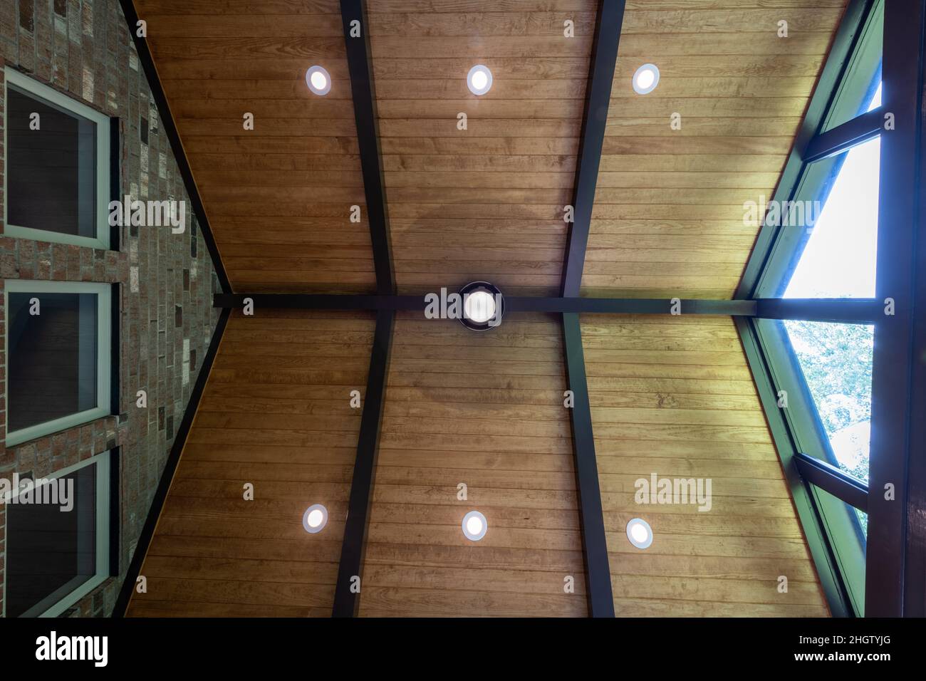 Wooden porch roof view from inside with windows Stock Photo - Alamy