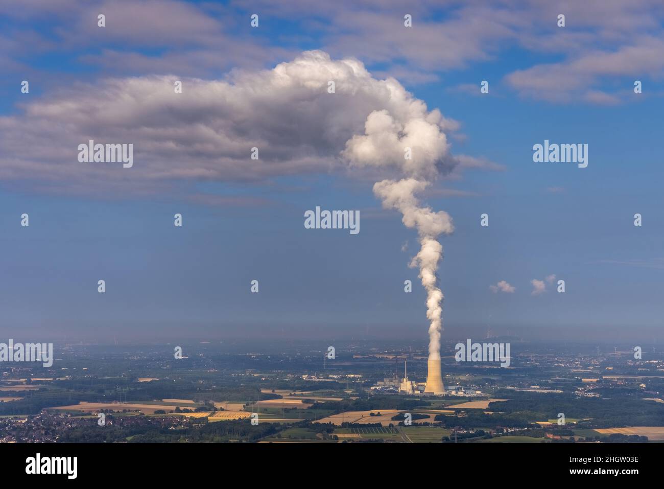Aerial view of the power plant facilities and exhaust towers of the ...