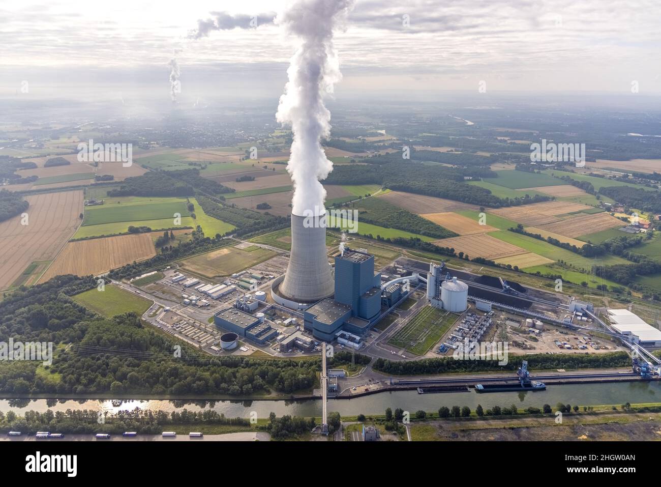 Aerial view of the power plant facilities and exhaust towers of the ...