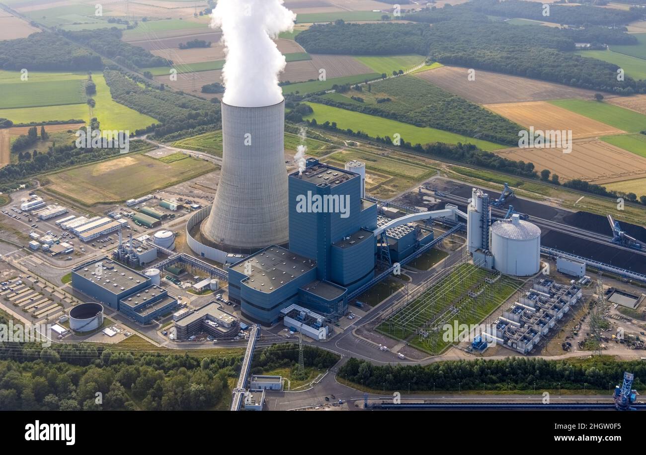 Aerial view of the power plant facilities and exhaust towers of the ...