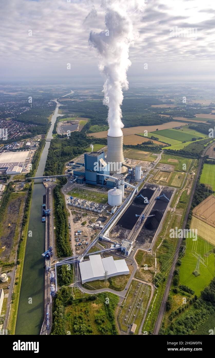Aerial view of the power plant facilities and exhaust towers of the ...