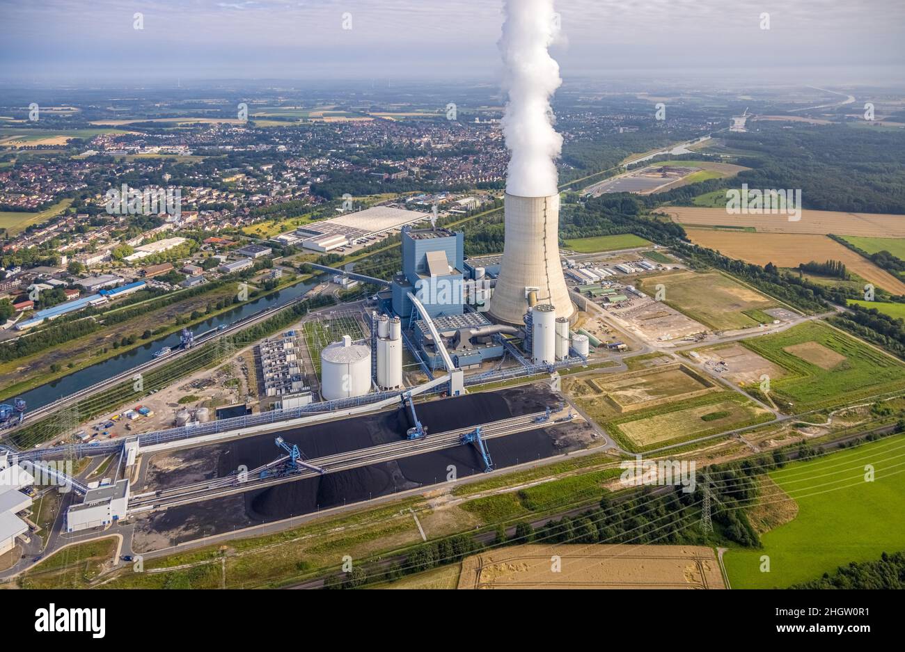 Aerial view of the power plant facilities and exhaust towers of the ...