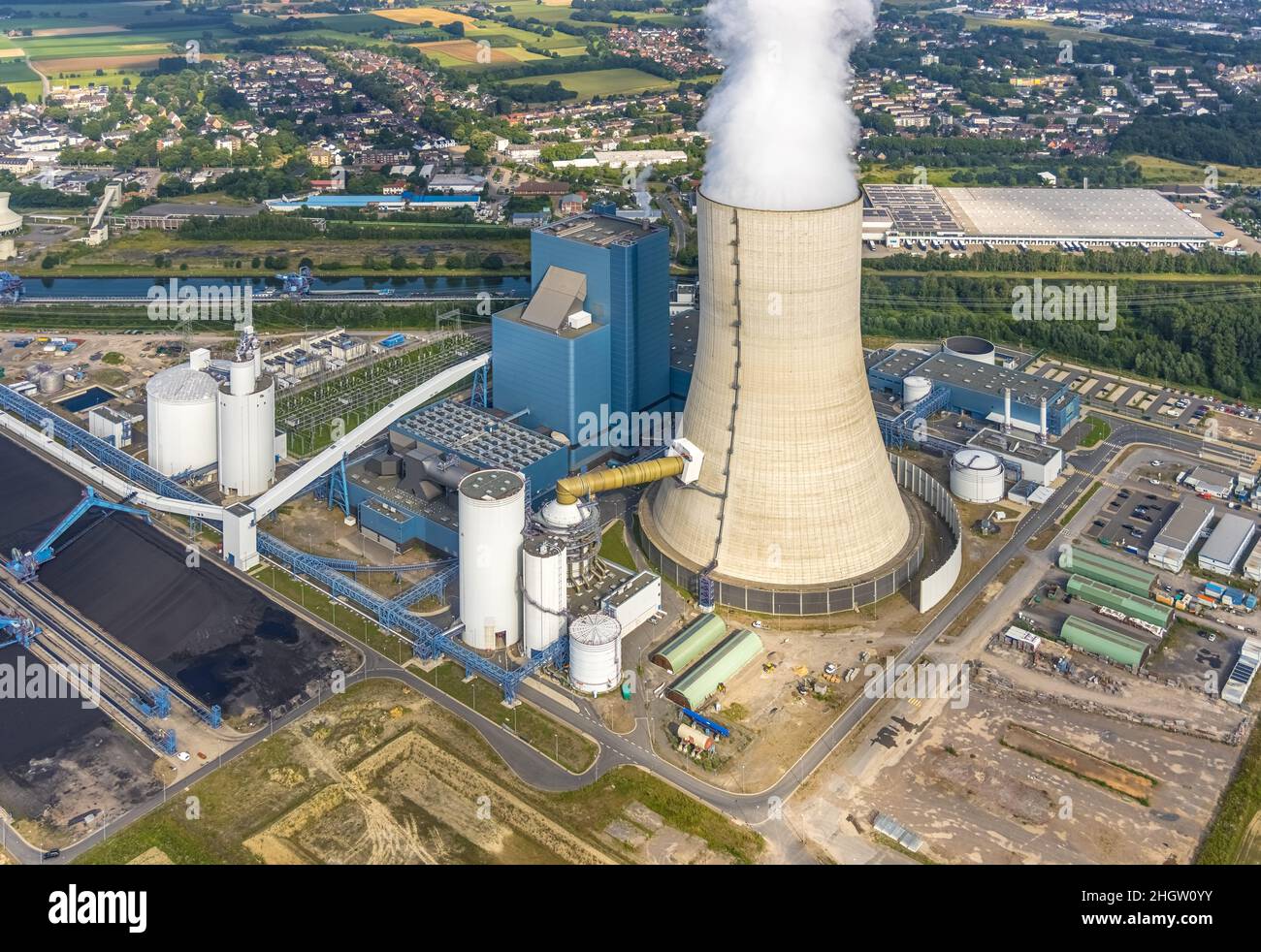Aerial view of the power plant facilities and exhaust towers of the ...