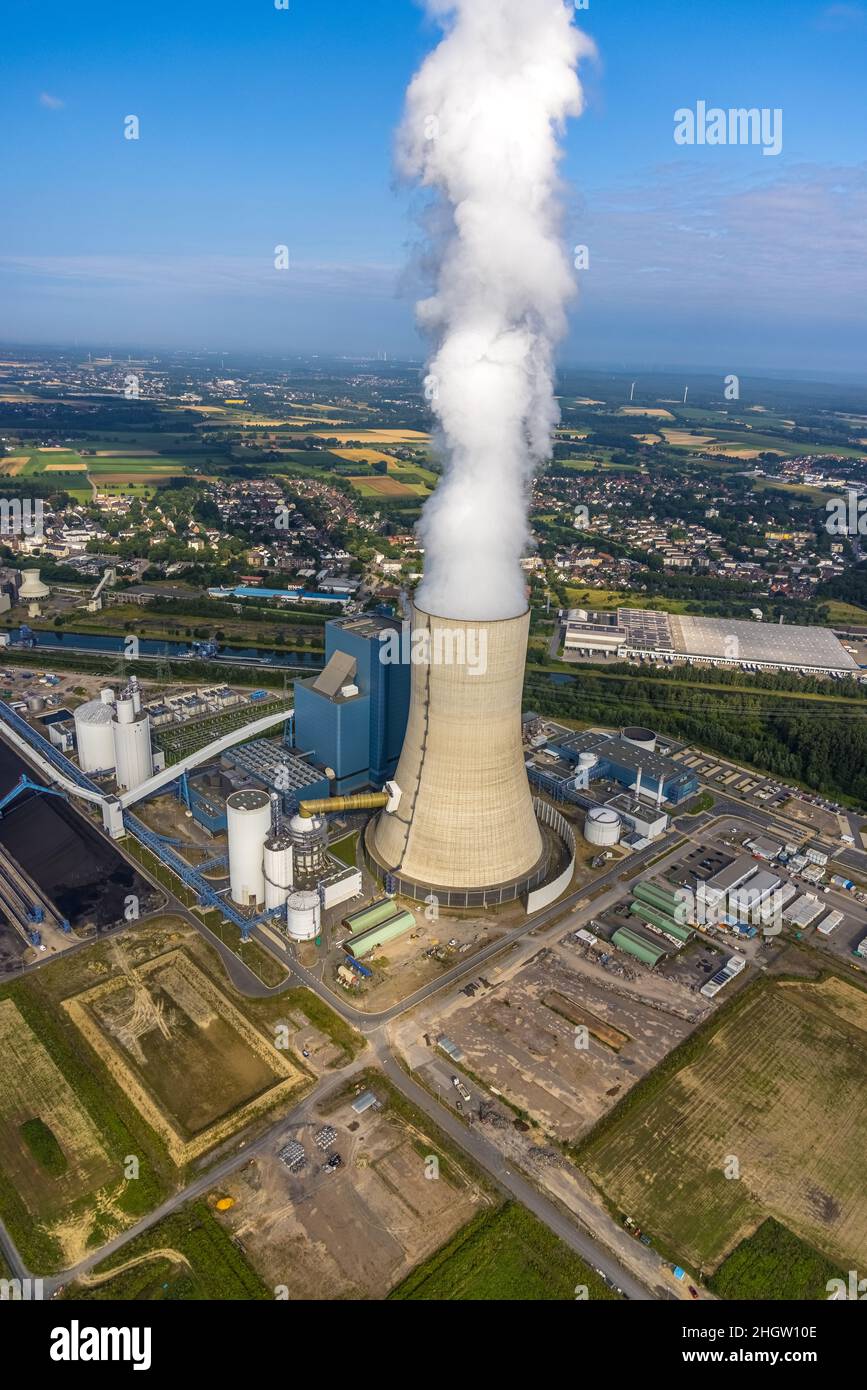 Aerial view of the power plant facilities and exhaust towers of the ...