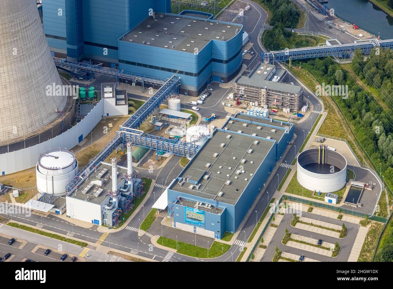 Aerial view of the power plant facilities and exhaust towers of the ...