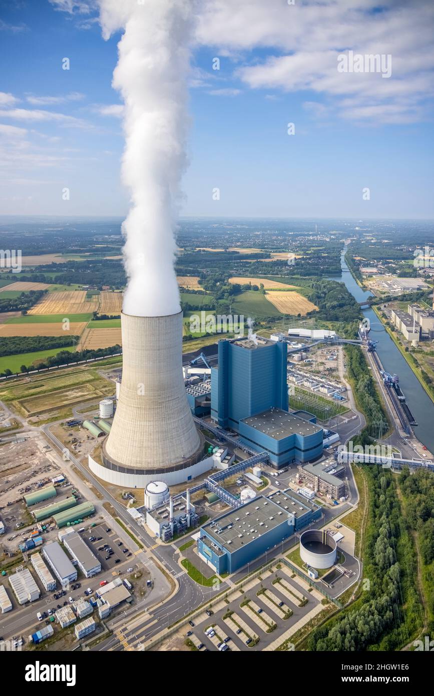 Aerial view of the power plant facilities and exhaust towers of the ...