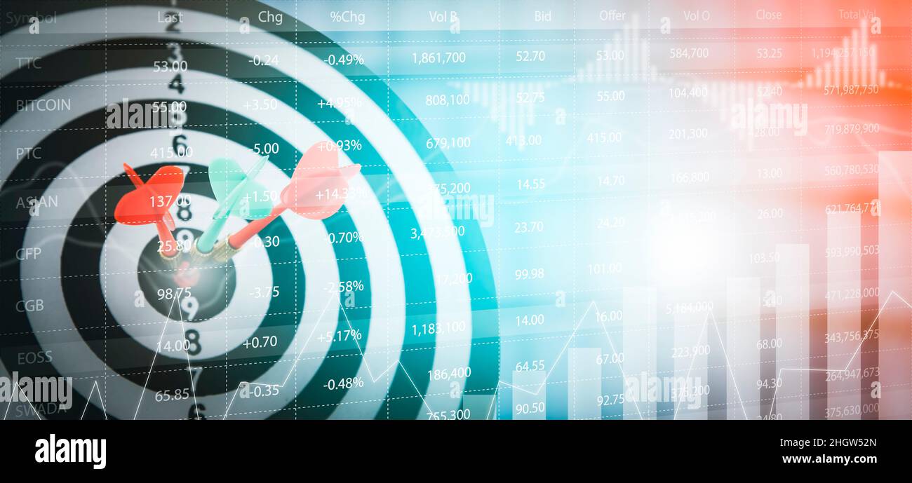 Bullseye dart arrow and line of Stock market or forex trading graph and ...