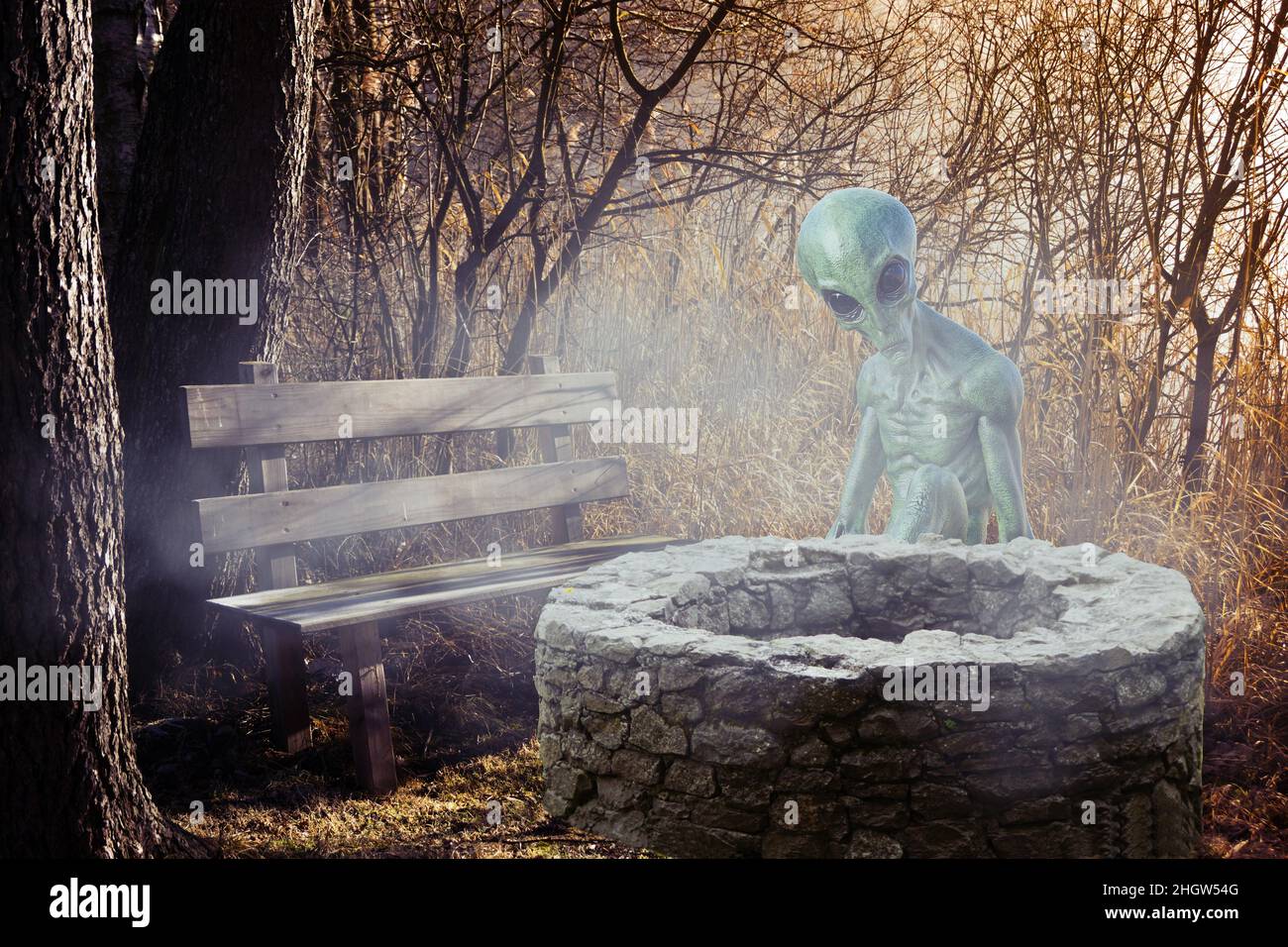 mysterious illustration Image of an alien sitting behind a fountain ...